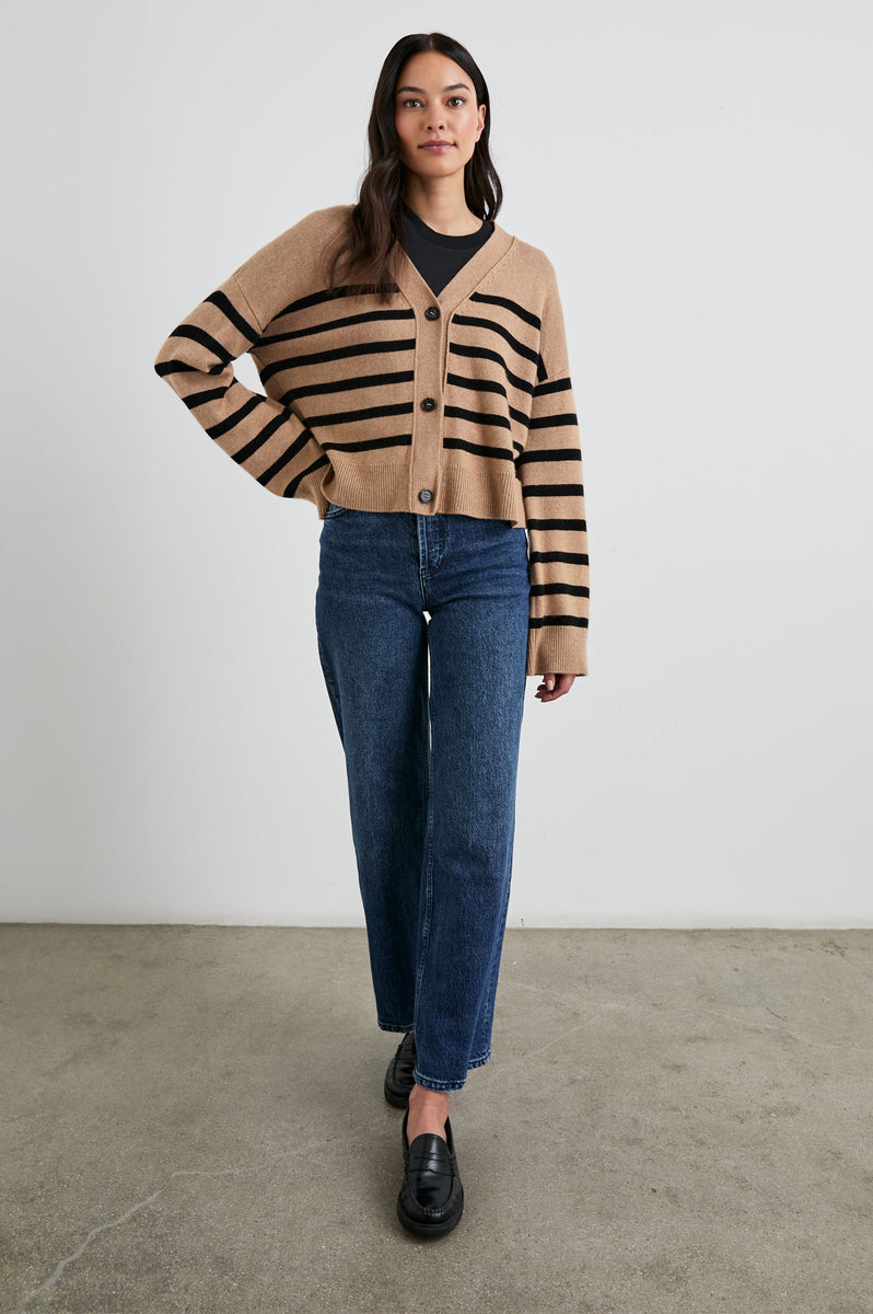 GENEVA CARDIGAN - CAMEL BLACK STRIPE – Rails Canada